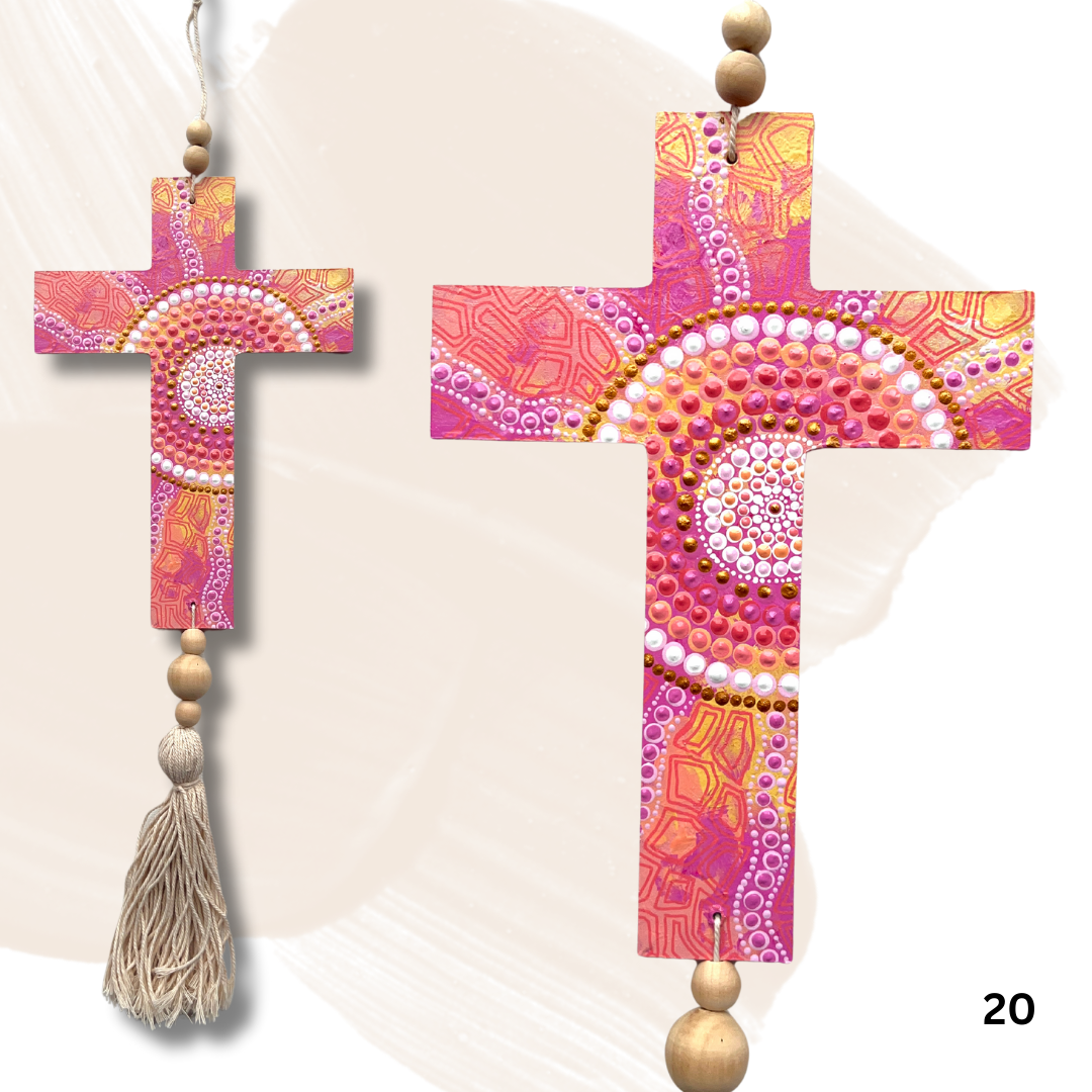 Hand Painted Wood Cross (20) | Deep Water Shark Gallery - Aboriginal Art